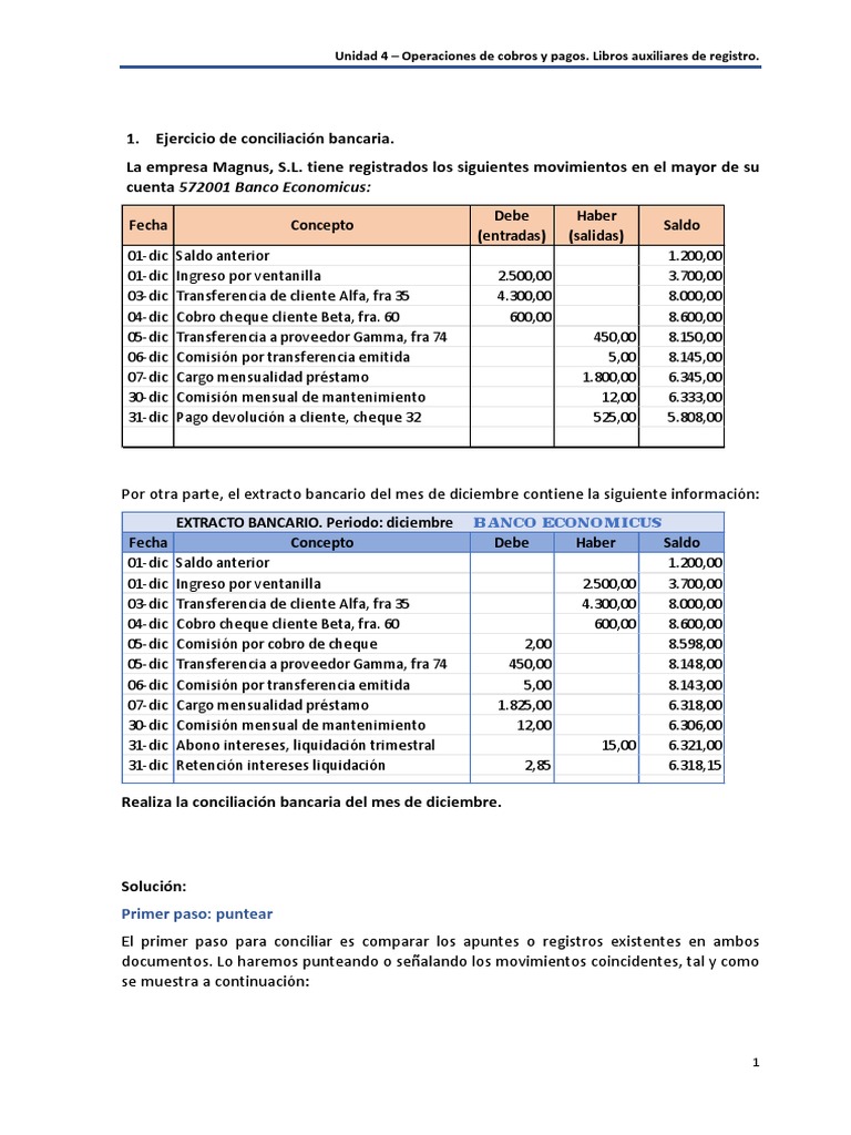 Ejercicios de Conciliación Bancaria | PDF | Bancos | Cheque