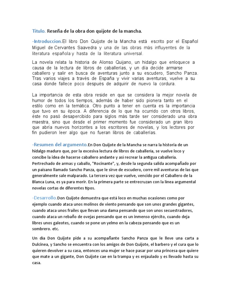 Reseña Don Quijote | PDF | Don Quijote