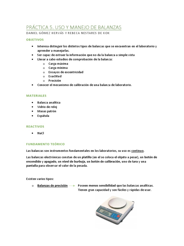 Manejo y calibración de balanzas de precisión en el laboratorio | PDF | Laboratorios | Balanza