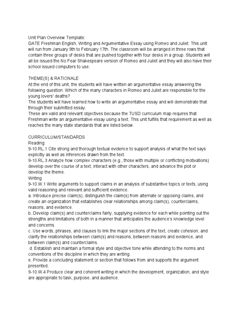 Romeo and Juliet Unit Plan | PDF | Essays | Romeo And Juliet