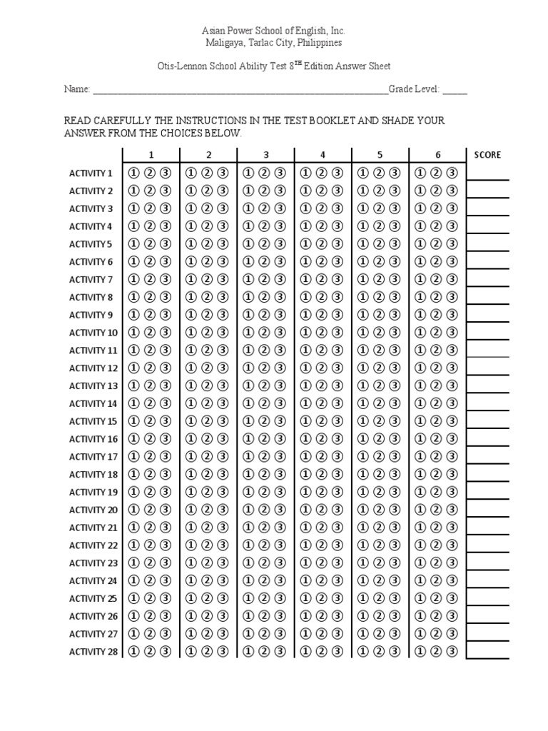 Otis-Lennon School Ability Test Answer Sheet | PDF