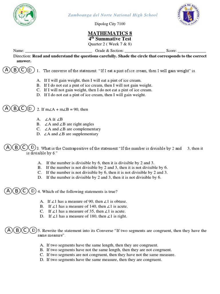 Math8 Q2 Summative 4 and Perf Task 4 | PDF | Deductive Reasoning | Mathematics