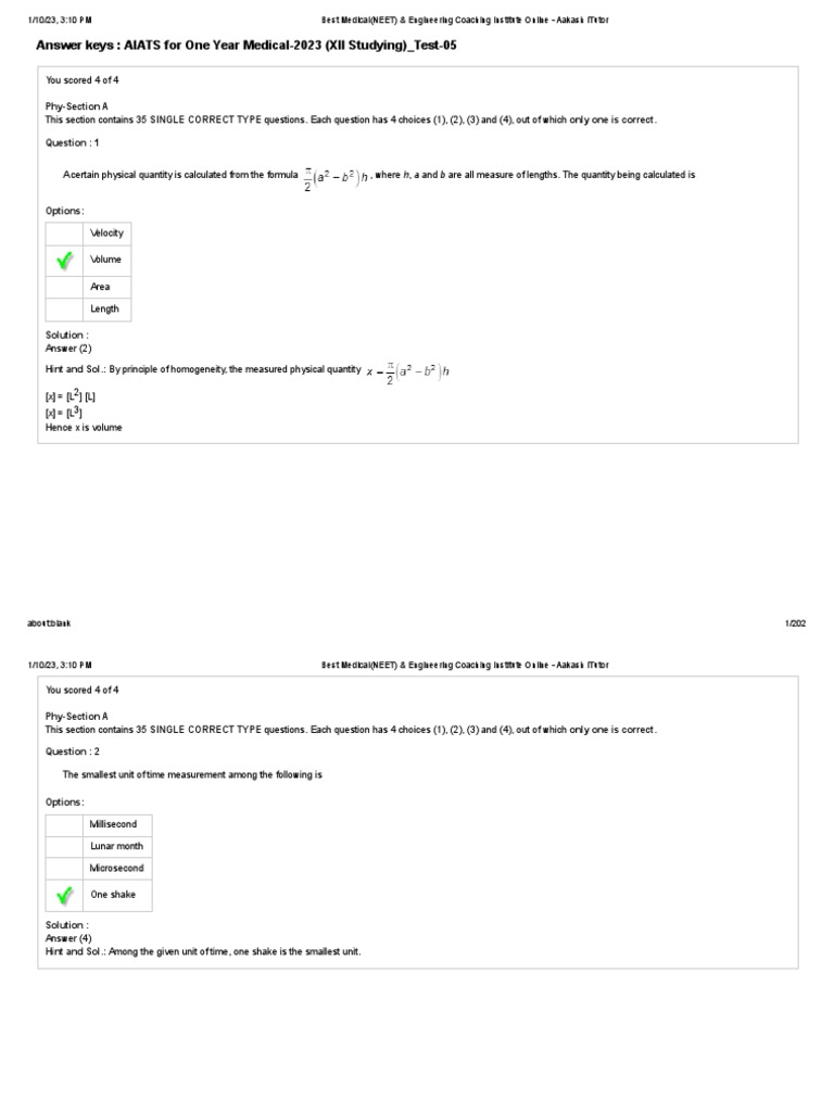 AIATS - 5 Answer Key | PDF | Acceleration | Euclidean Vector