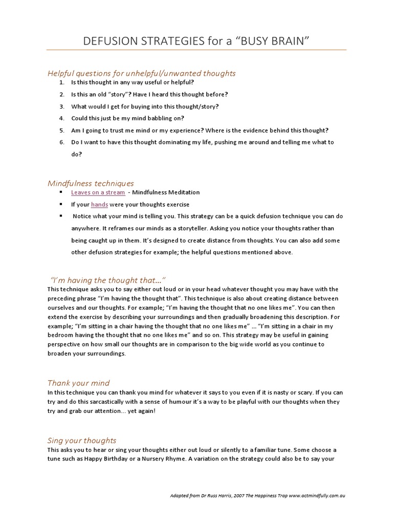 Mindfulness Defusion Techniques | PDF | Thought | Psychology
