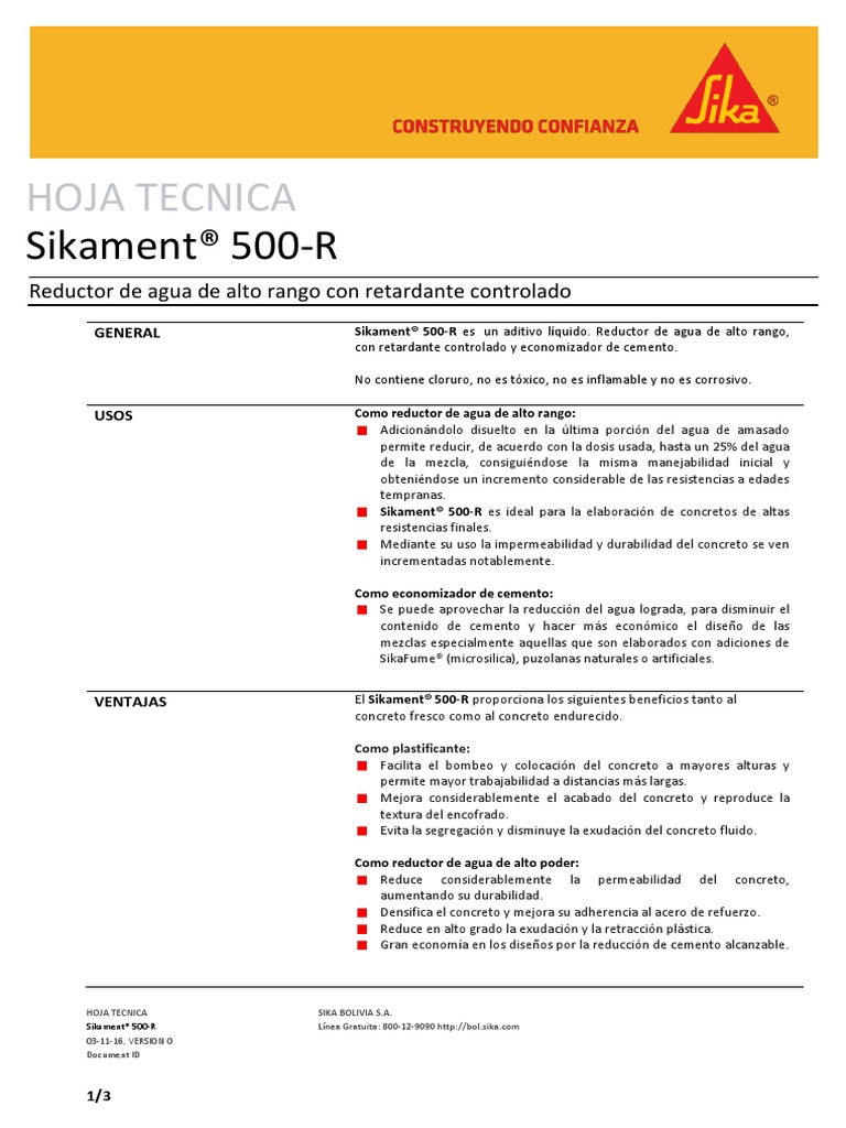 Sikament® 500-R Rev.0 03-11-16 | PDF | Hormigón | Cemento