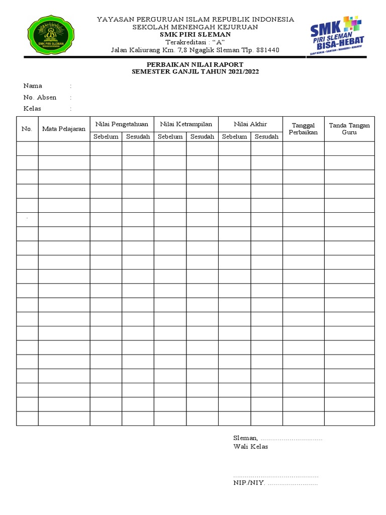 Perbaikan Nilai Raport SMK PIRI Sleman | PDF