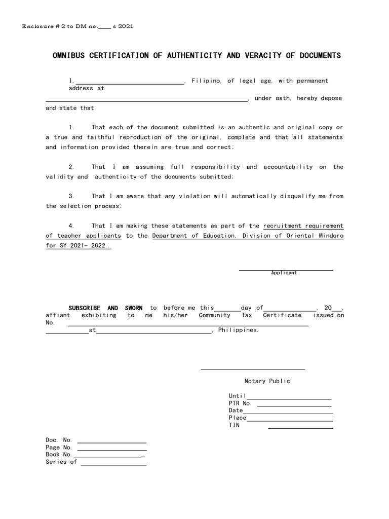 Omnibus Certification of Authenticity and Veracity of Documents | PDF