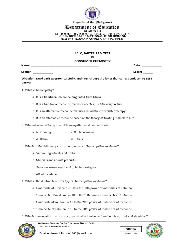 4th Quarter Pre Test in Con Chem | PDF | Cancer | Chemotherapy