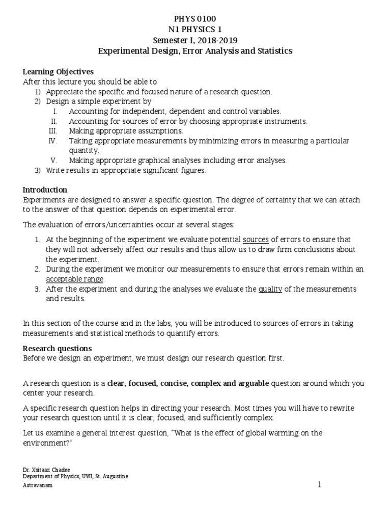 Lecture 4 Experimental Design 18 9 18nd Pdf Observational Error Accuracy And Precision