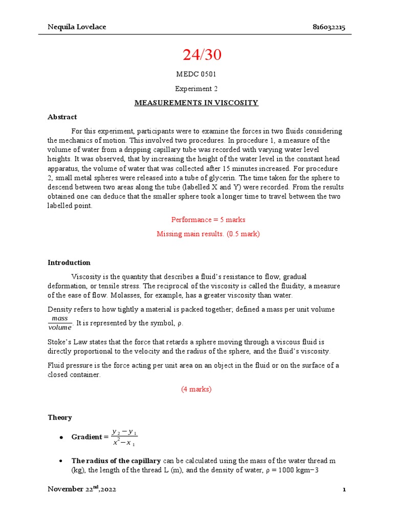 MEDC 0501 Lab 2 Viscosity | PDF | Hemodynamics | Viscosity