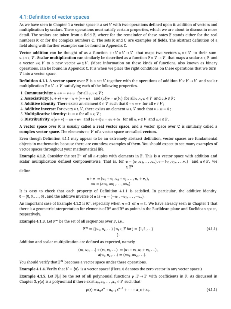 4.1 - de Nition of Vector Spaces - Mathematics LibreTexts | PDF | Vector Space | Scalar ...