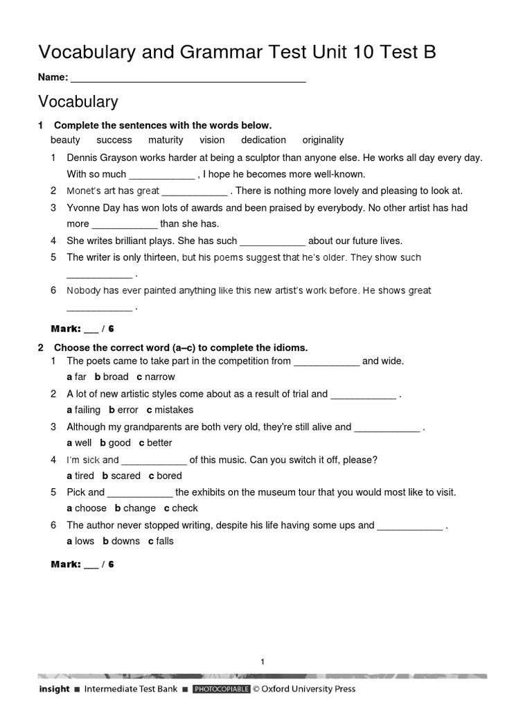 Vocabulary + Grammar Unit 10 Test B | PDF