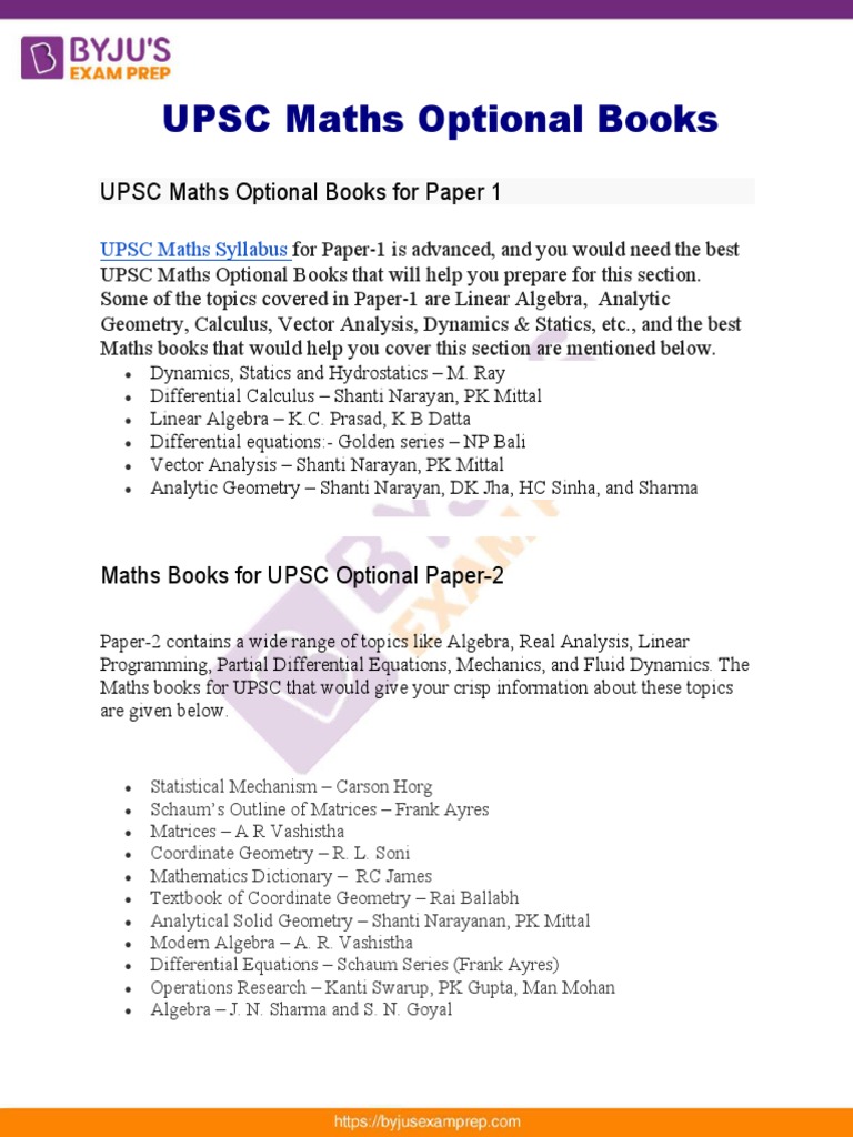 UPSC Maths Optional Book Recommendations | PDF | Mathematics | Linear ...