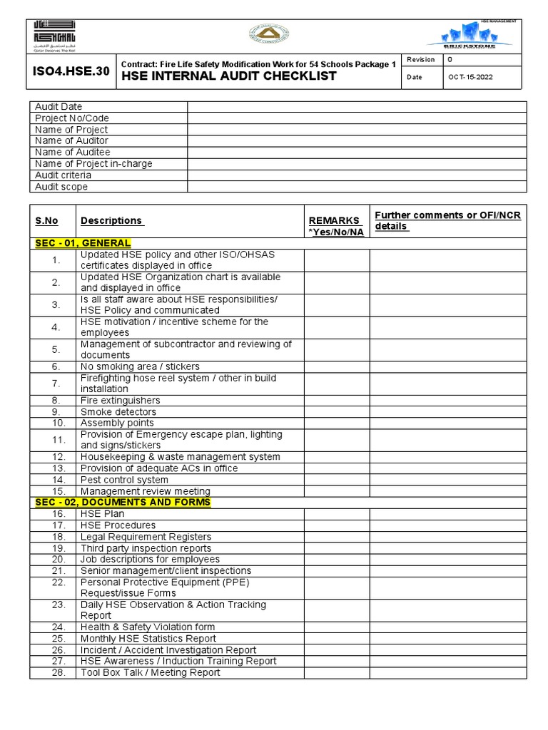 ISO4.HSE.34 - HSE Internal Audit Checklist - Rev. 02 | Download Free ...