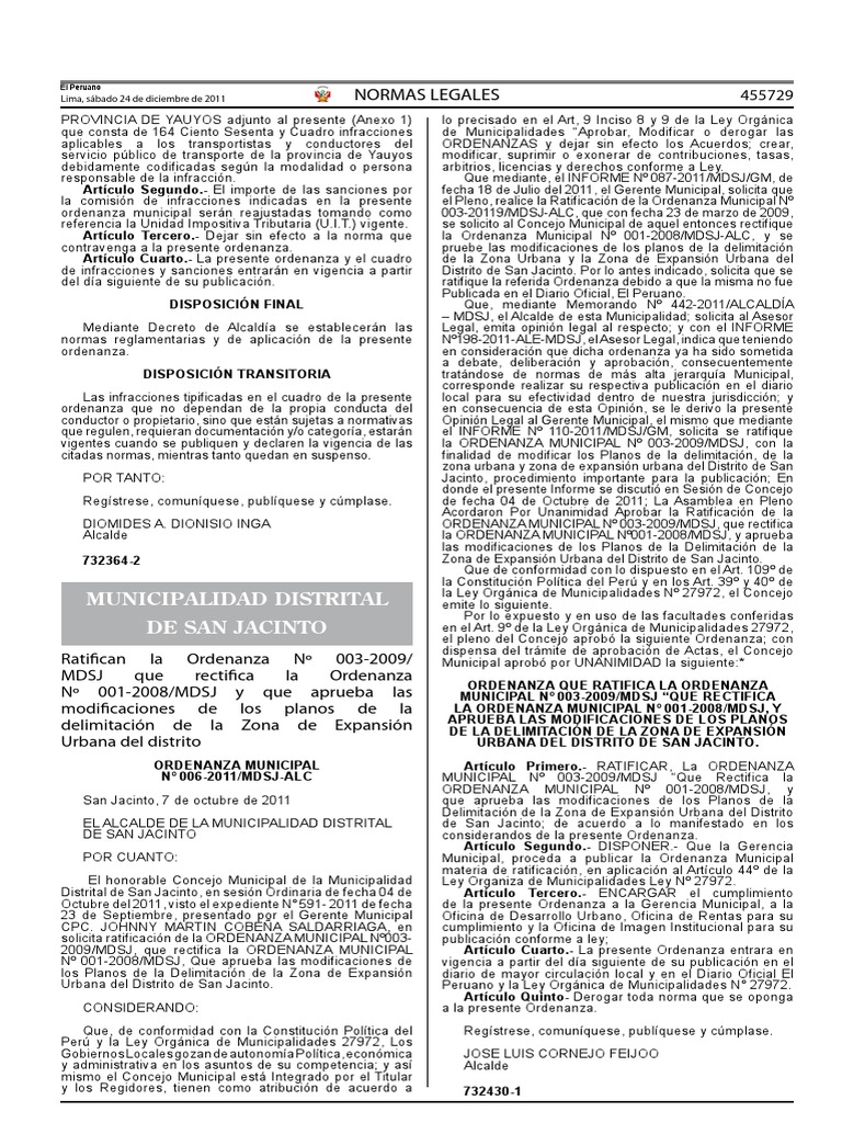 Ratifican La Ordenanza N 003 2009mdsj Que Rectifica La Ord Ordenanza No 006 2011mdsj Alc 732430 ...