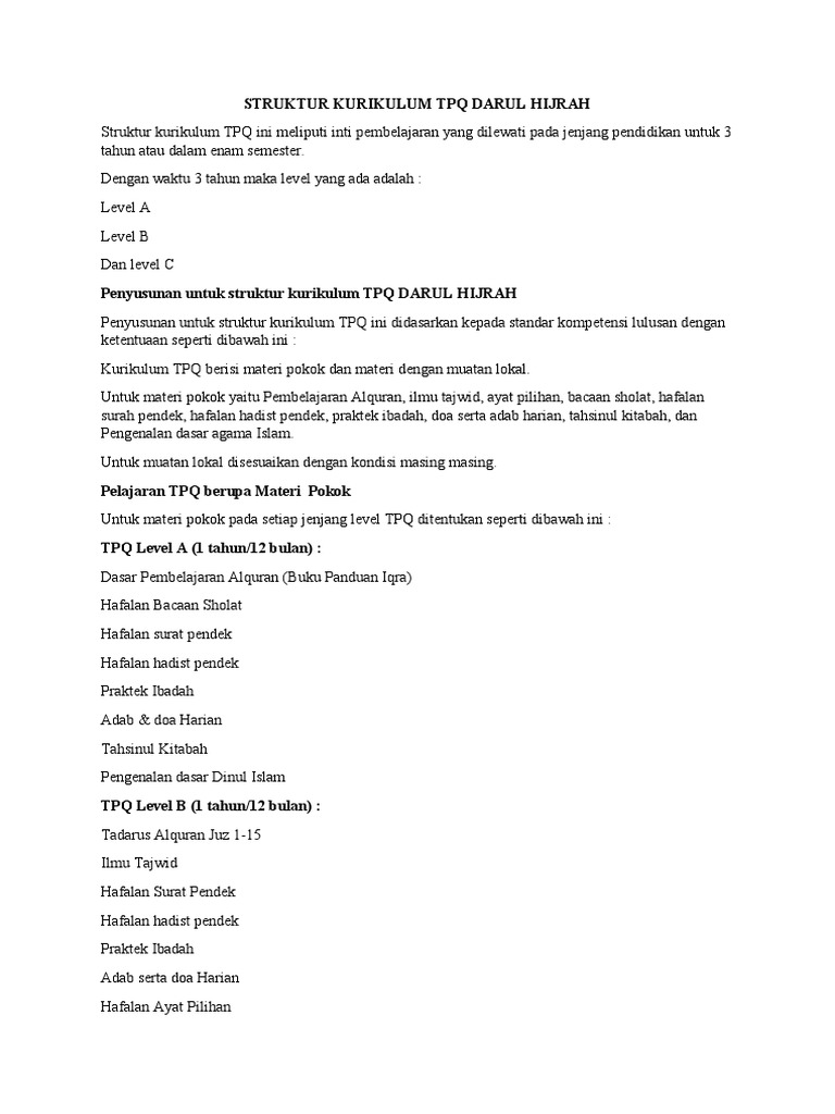 Kurikulum TPQ Darul Hijrah 2025 | PDF