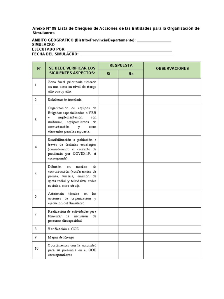 Anexo #08 - Lista de Chequeo de Acciones de Organización de Simulacros | PDF