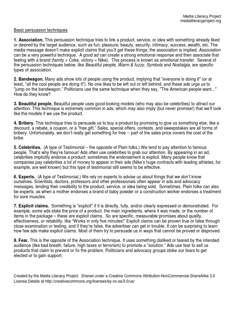 Basic persuasion techniques | PDF | Advertising | Persuasion