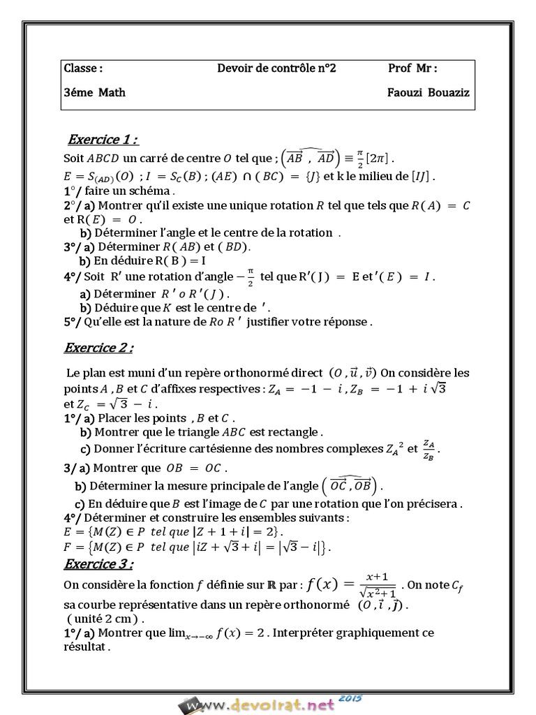 Devoir de Contrôle N°2 - Math - 3ème Math (2014-2015) MR Bouaziz Faouzi | PDF