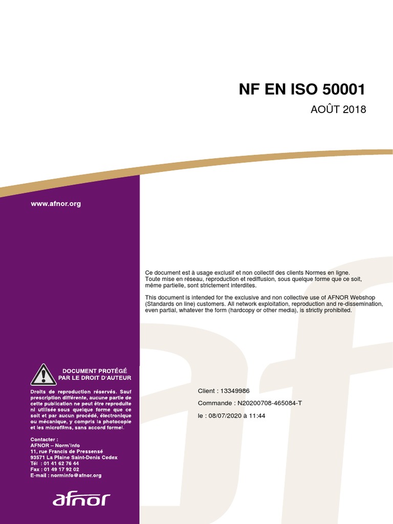 NF en Iso 5001 2018. | PDF | Efficacité énergétique | Organisation internationale de normalisation