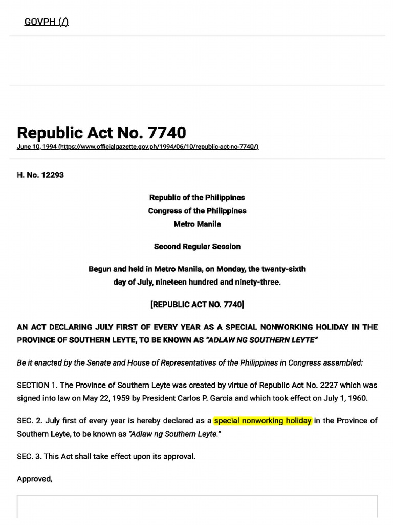 1994 RA 7740 Southern Leyte Founding Anniversary (Non-Working Holiday) | PDF | Philippines ...