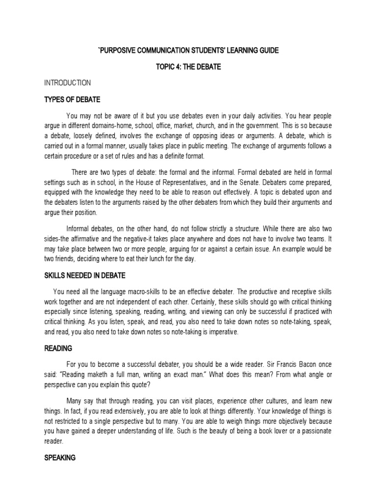 Module 4 Communication in Various Purposes Lesson 5 THE DEBATE | PDF ...