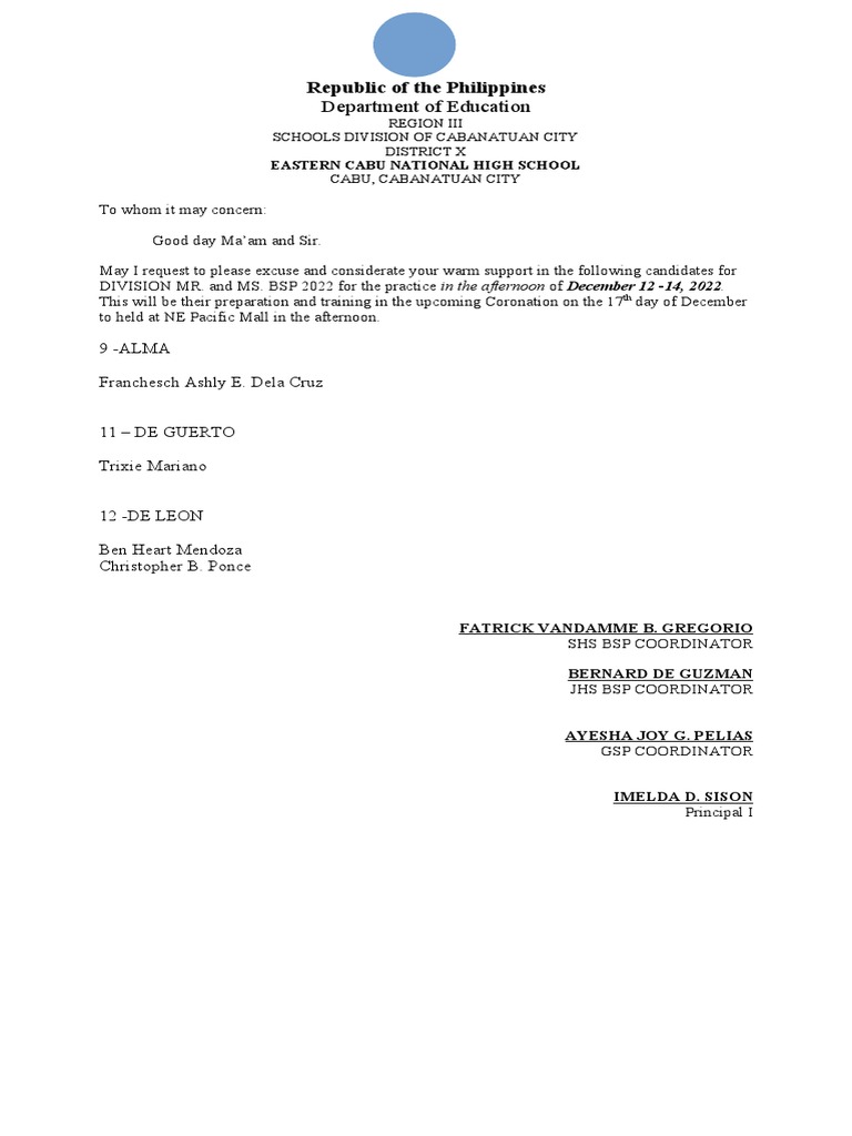 BSP Practice Excuse Request Letter | PDF