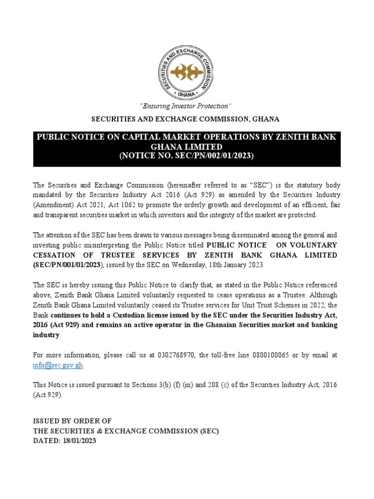 Public Notice On Capital Market Operations by Zenith Bank Ghana Limited ...