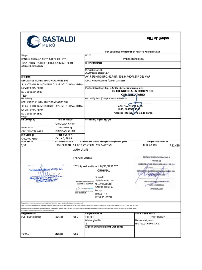 Combined Transport Bill of Lading for 126 Cartons of Auto Lamps Shipped ...