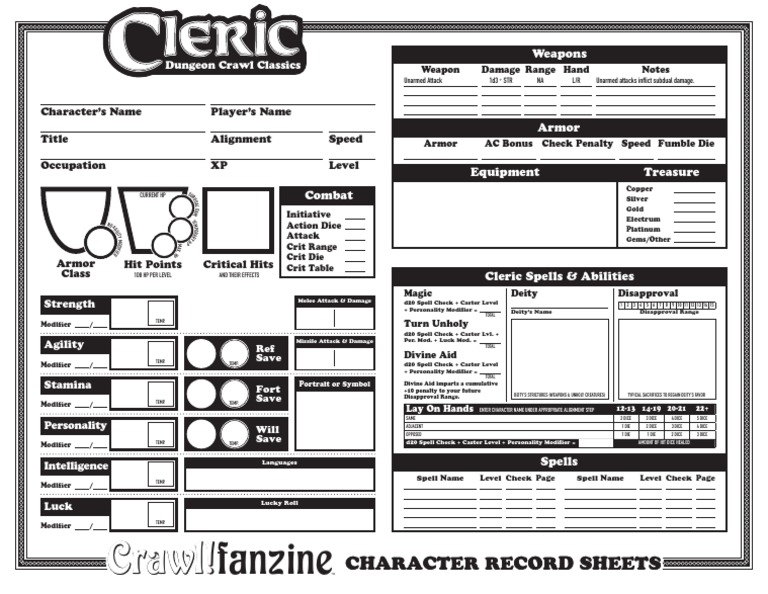 Alternate DCC RPG Character Sheets CRAWL - DCC - CLERIC | PDF | Role ...