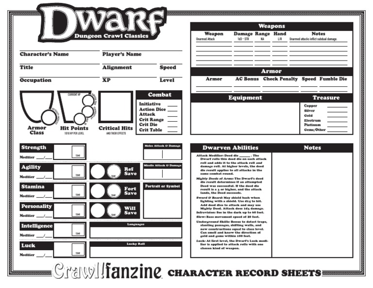 Alternate DCC RPG Character Sheets CRAWL - DCC - DWARF | PDF | Dwarf ...