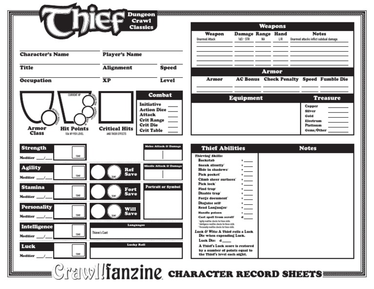 Alternate DCC RPG Character Sheets CRAWL_DCC_THIEF | PDF