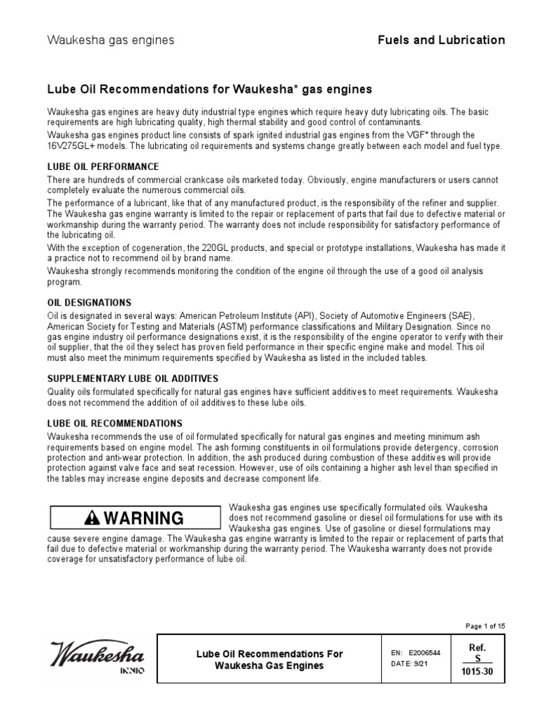 Fuels and Lubrication Lube Oil Recommendations For Waukesha Gas Engines ...