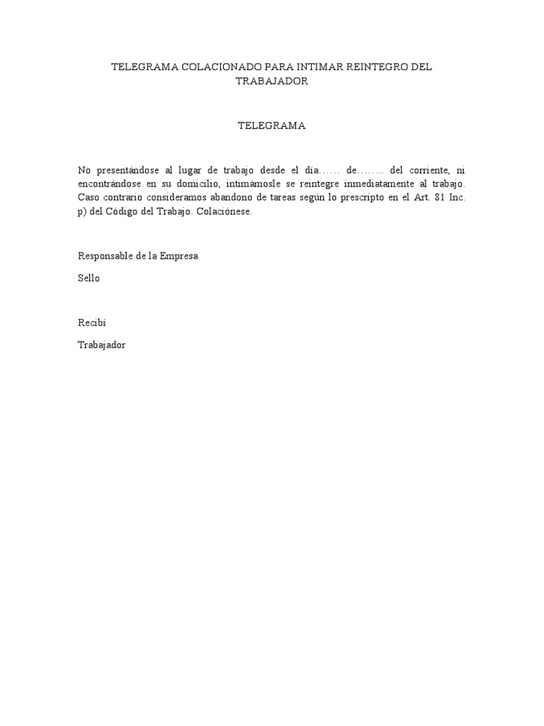 Telegrama Colacionado para Intimar Reintegro Del Trabajador | PDF