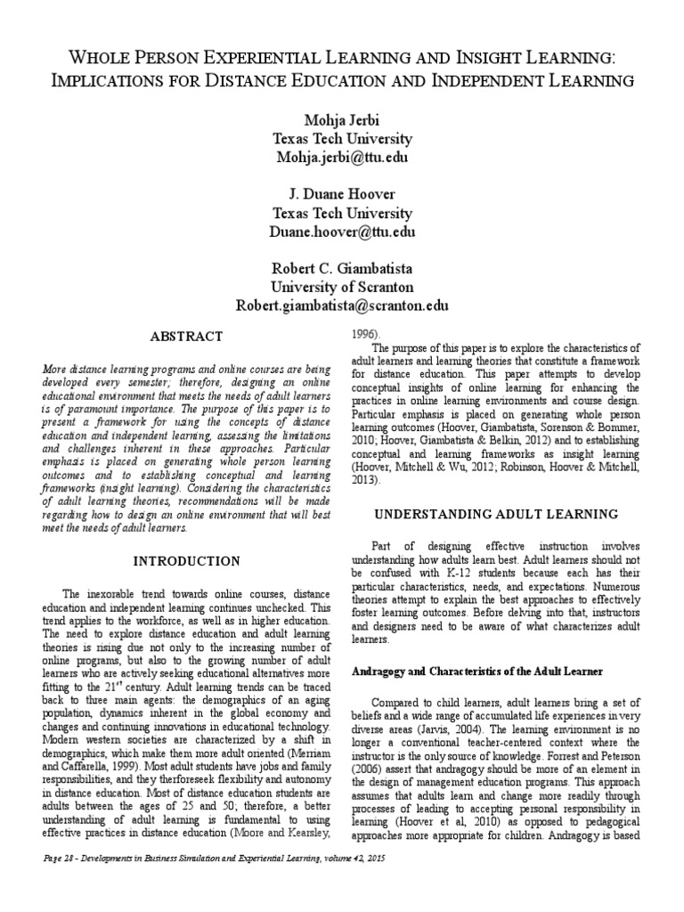 Whole Person Experimental Learning & Insight Learning: Implications For ...