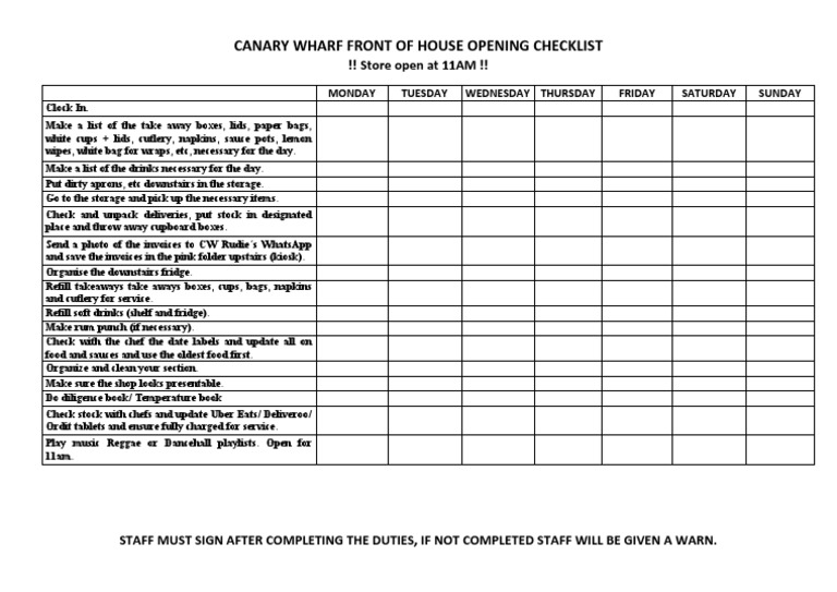 CW Front of House Opening Checklist (21-12-22) | PDF