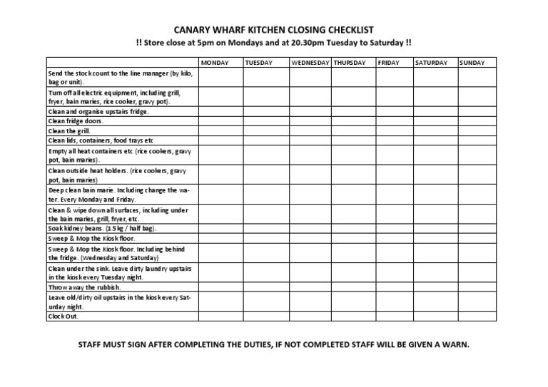 Canary Wharf Kitchen Closing Checklist | PDF | Food And Drink ...