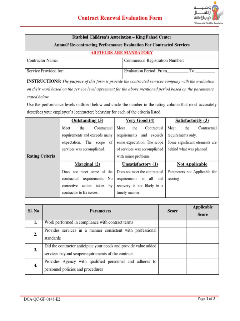 DCA-QC-GF-0148 - Contracted Services Evaluation Form - E2 | PDF ...