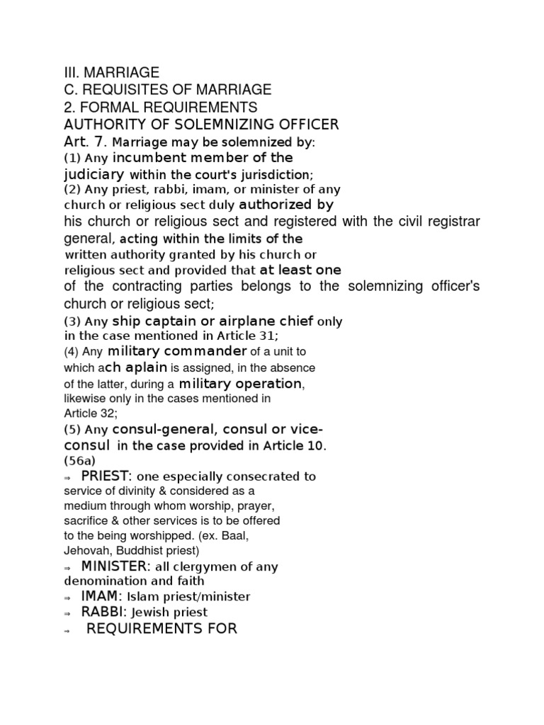 Authority of Solemnizing Officer Art. 7. Judiciary: Iii. Marriage C ...