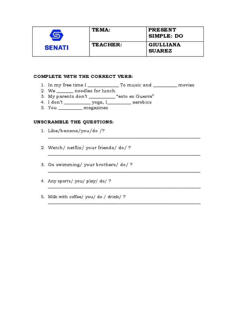 Do/Does Verb Worksheet Exercises | PDF