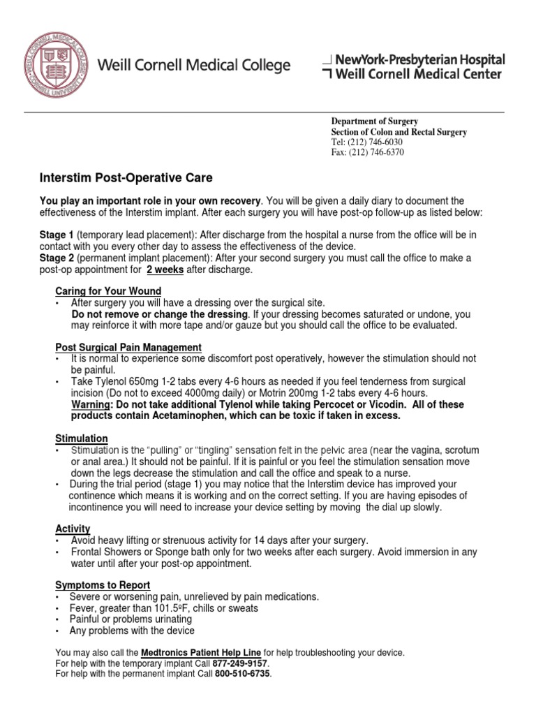 Interstim Post-Op Care | PDF | Surgery | Urinary Incontinence
