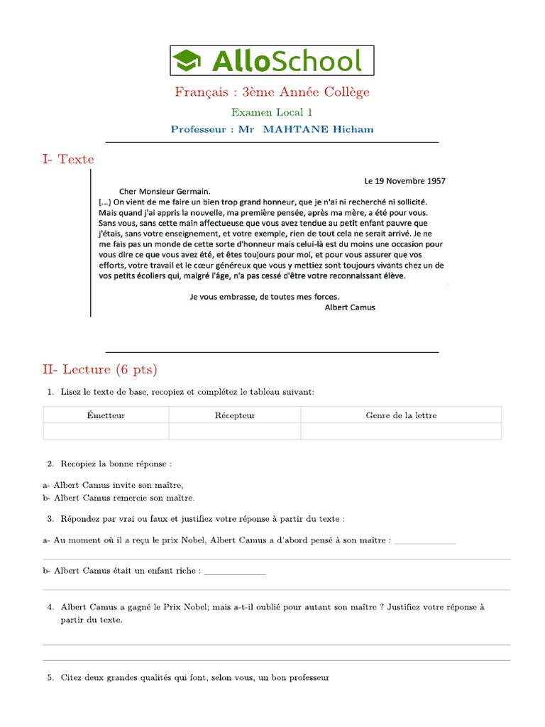 Francais 3ac Examen Local 1 2 | PDF
