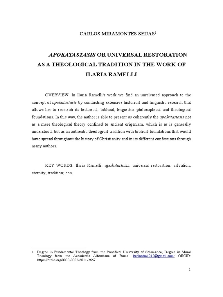 Apokatastasis or Universal Restoration As A Theological Tradition in ...