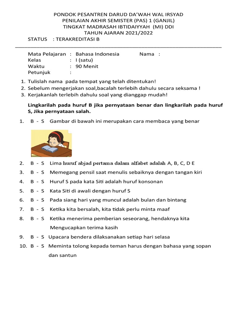 Soal Ulangan Pas Ganjil Kelas 1 Semester 1 | PDF