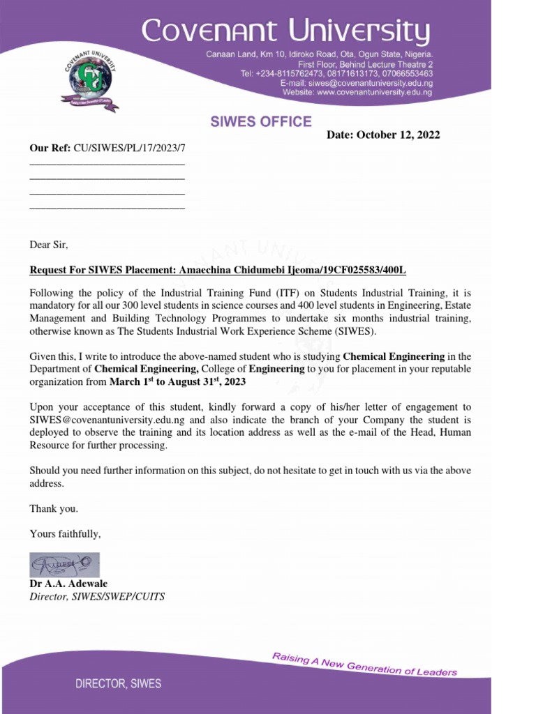 Dumebi's Siwes Letter | PDF