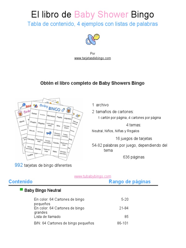 Bingo para Baby Shower: 992 Tarjetas | PDF | Infancia