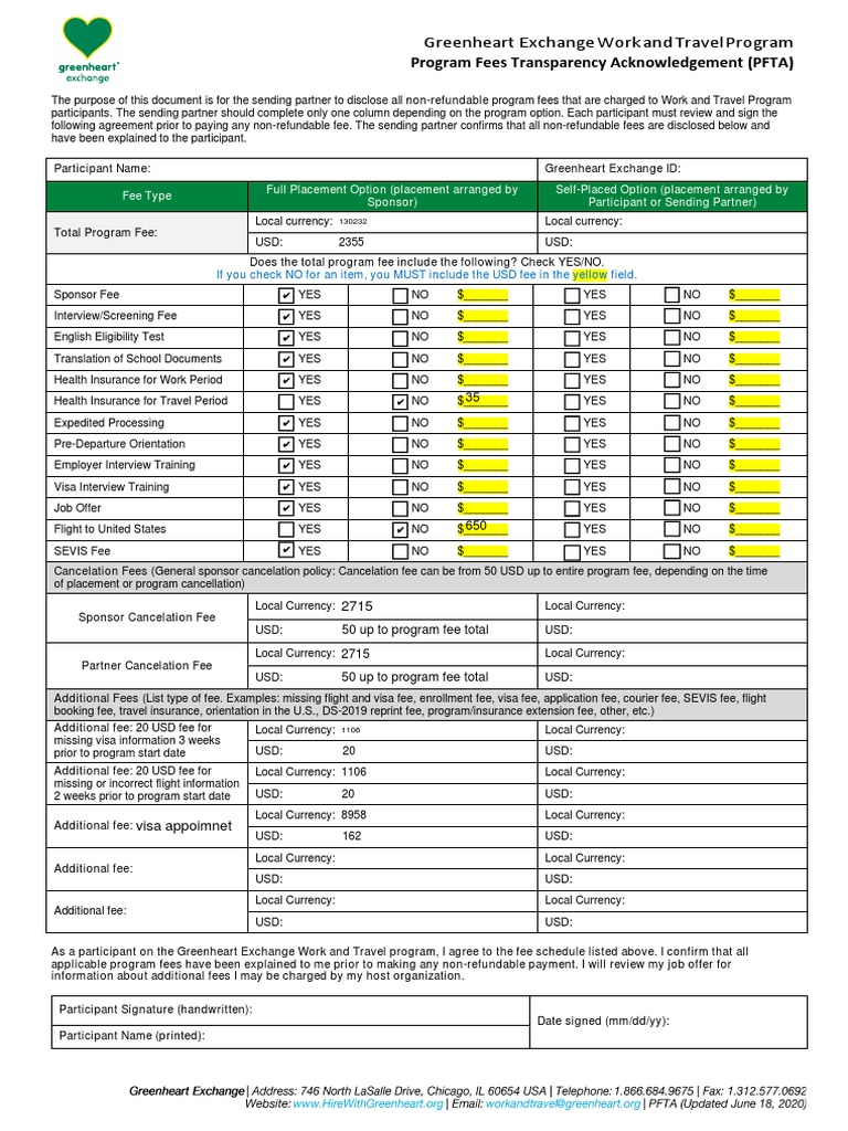 Program Fees for Greenheart Exchange | PDF