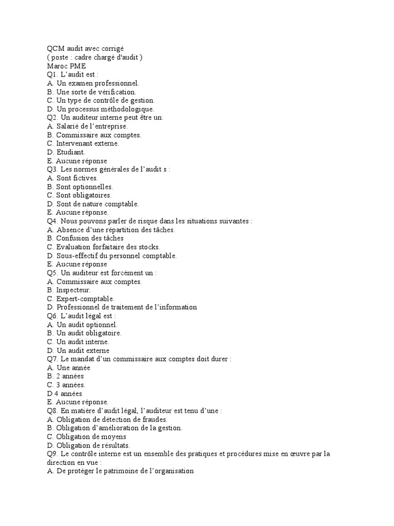 QCM Audit avec Corrigés pour Cadres | PDF | Audit | Audit financier