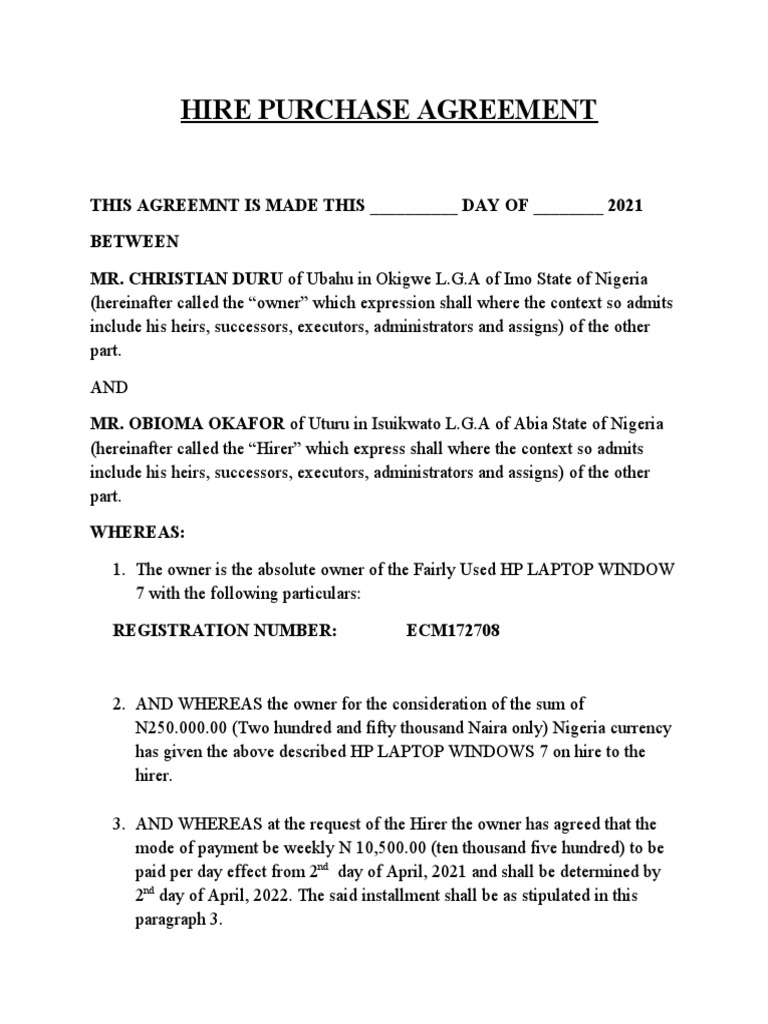 Hire Purchase Agreement for Laptop | PDF | Arbitration | Arbitral Tribunal