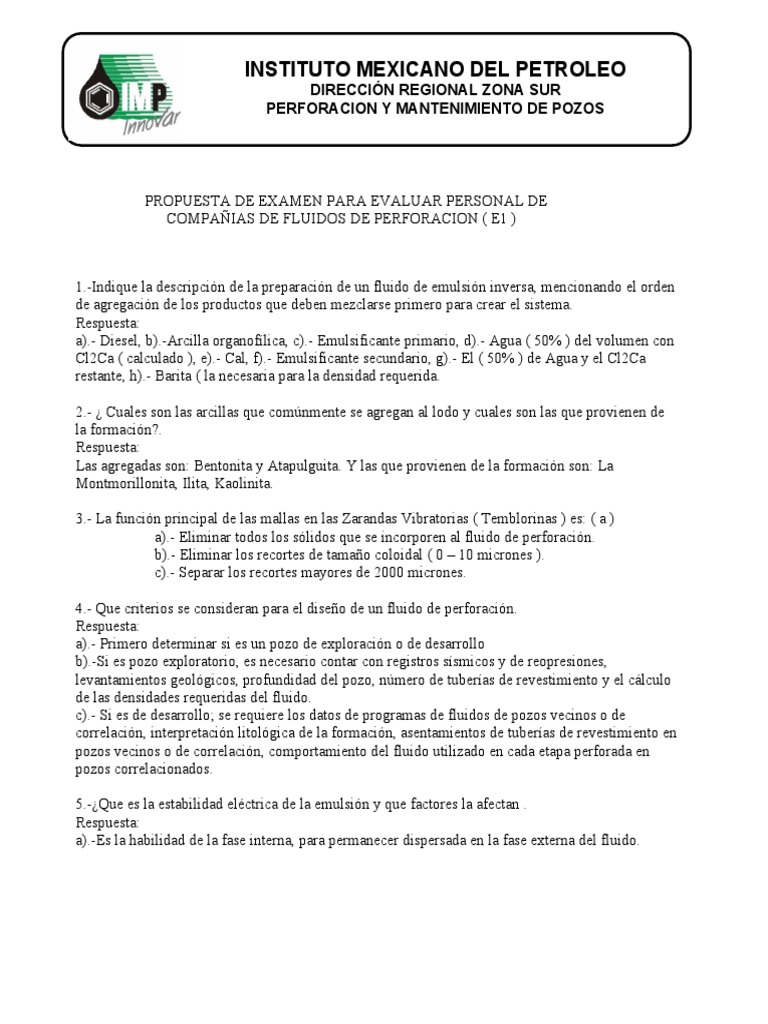 Preguntas y Respuestas para Examen E1-06 | PDF | Perforación | Agua